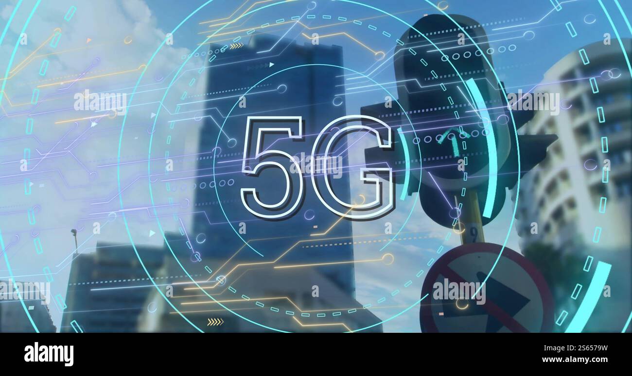 Image of 5g text, digital data processing over city Stock Photo - Alamy