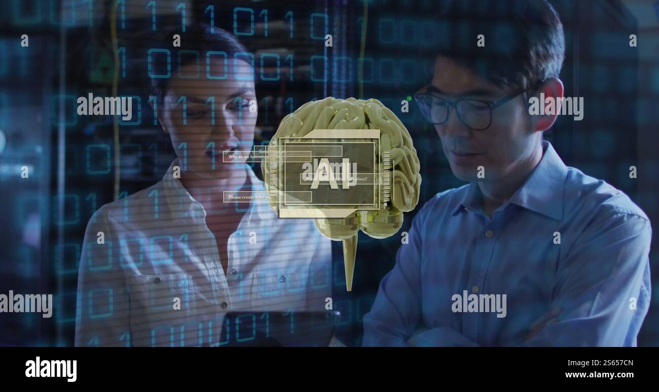 Image of ai text, human brain, binary coding over it engineers by computer servers Stock Photo ...