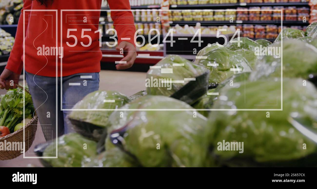 Image of data processing and diagrams over caucasian woman picking ...