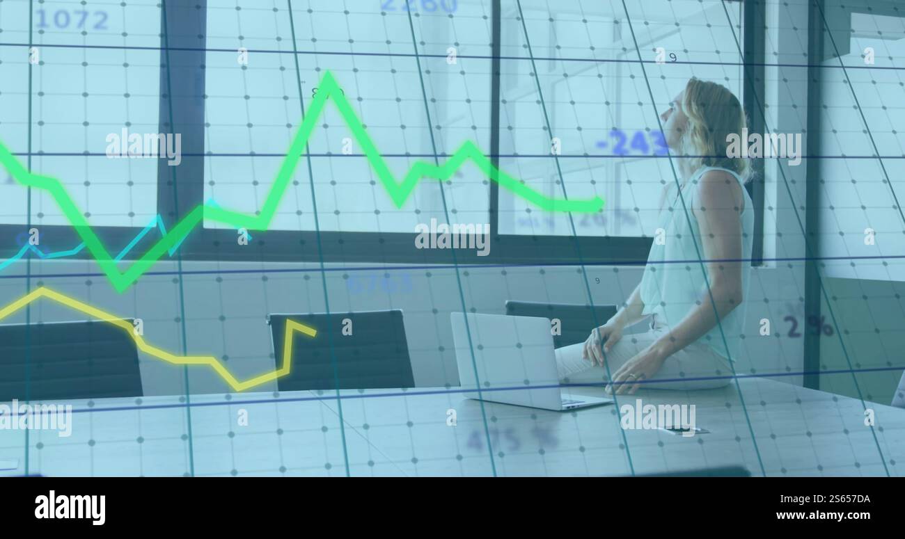 Image of data processing and diagrams over caucasian businesswoman ...
