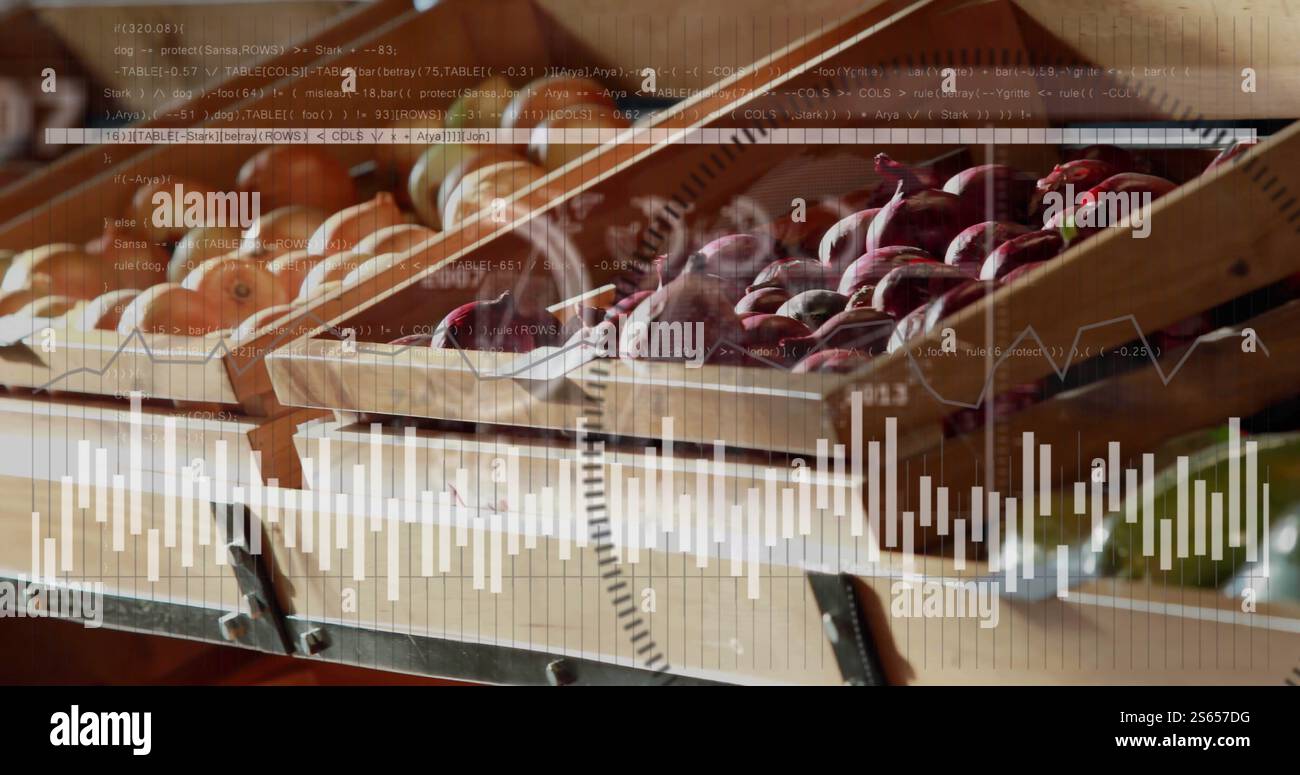 Image of data processing and diagrams over fresh vegetables in shop ...
