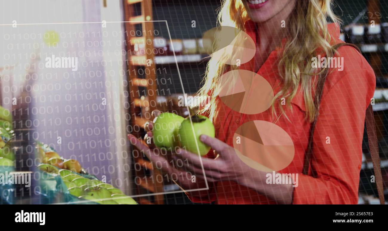 Image of data processing and diagrams over caucasian woman picking ...