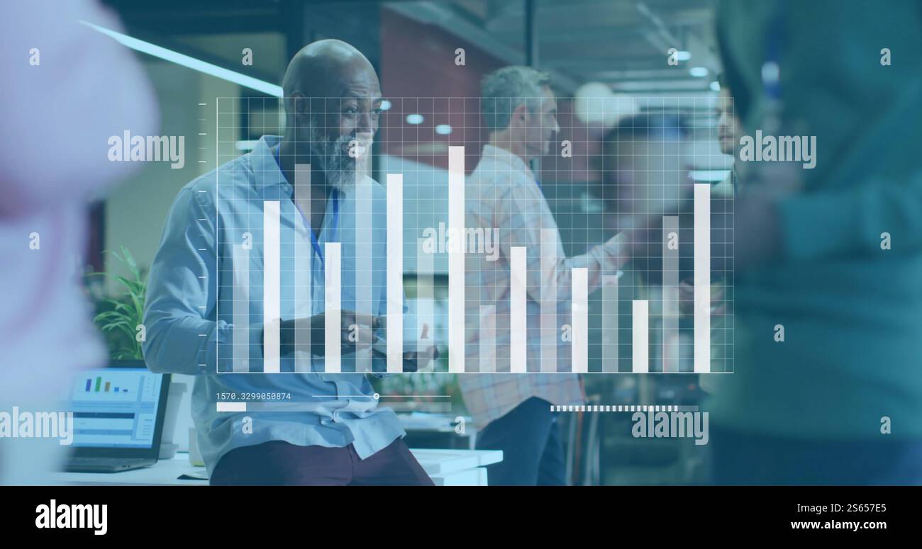 Image of data processing and diagrams over diverse colleagues during ...