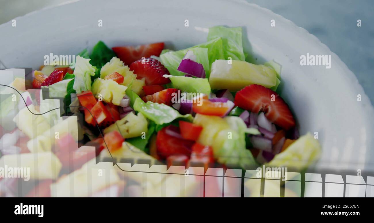Image of data processing and diagrams over fresh fruit salad Stock ...