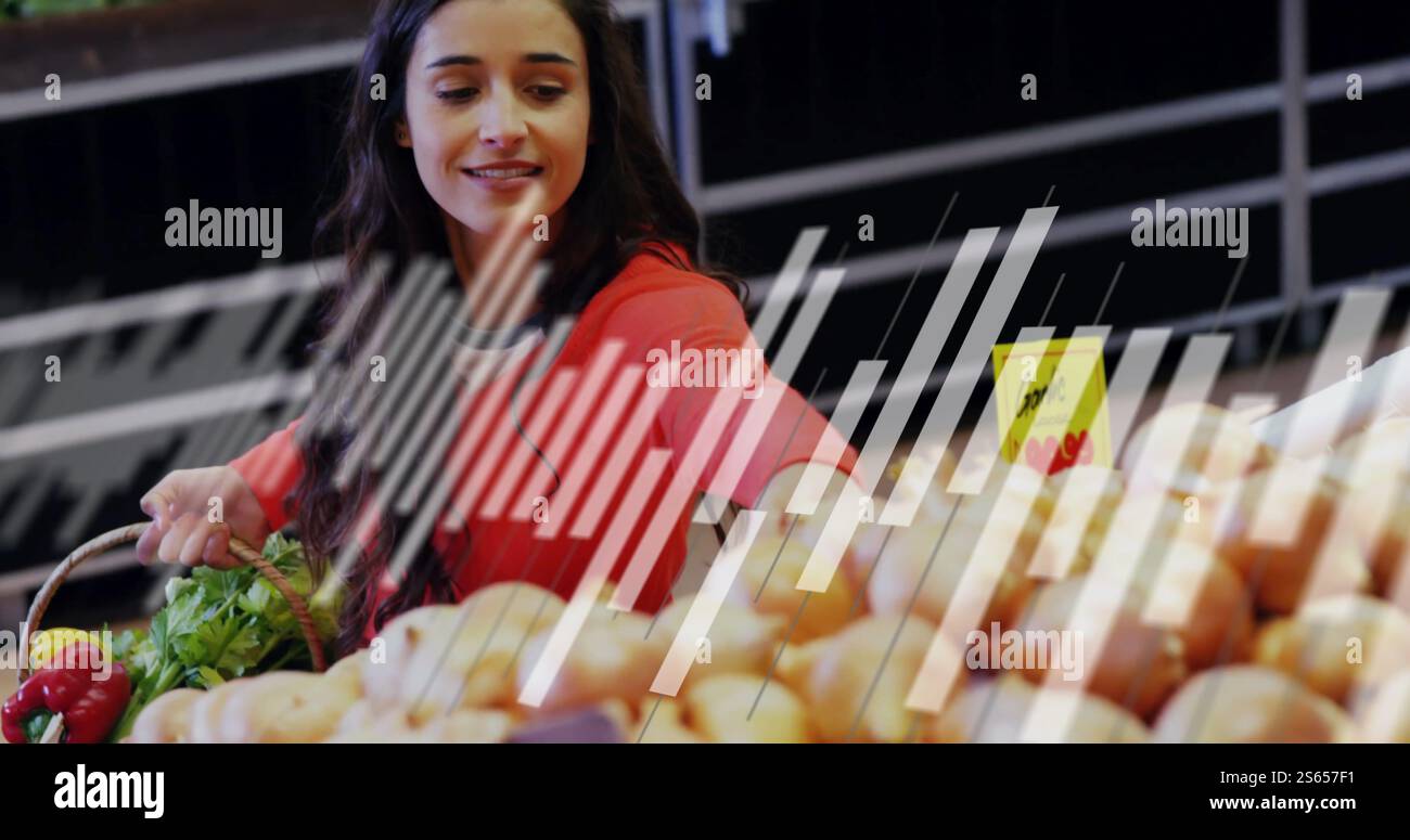 Image of data processing and diagrams over caucasian woman picking ...