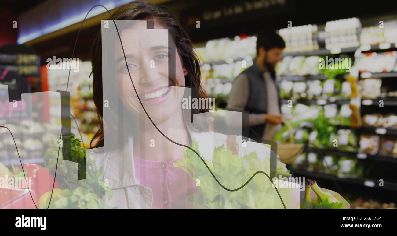 Image of data processing on diagram over caucasian woman picking ...