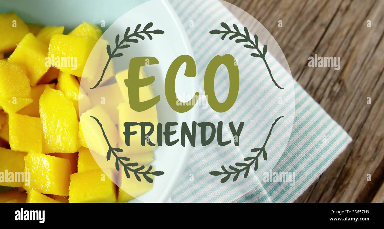 Image of eco friendly text over mango pieces in bowl on table Stock ...