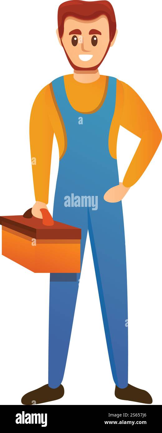 Electrician with tool box icon. Cartoon of electrician with tool box ...