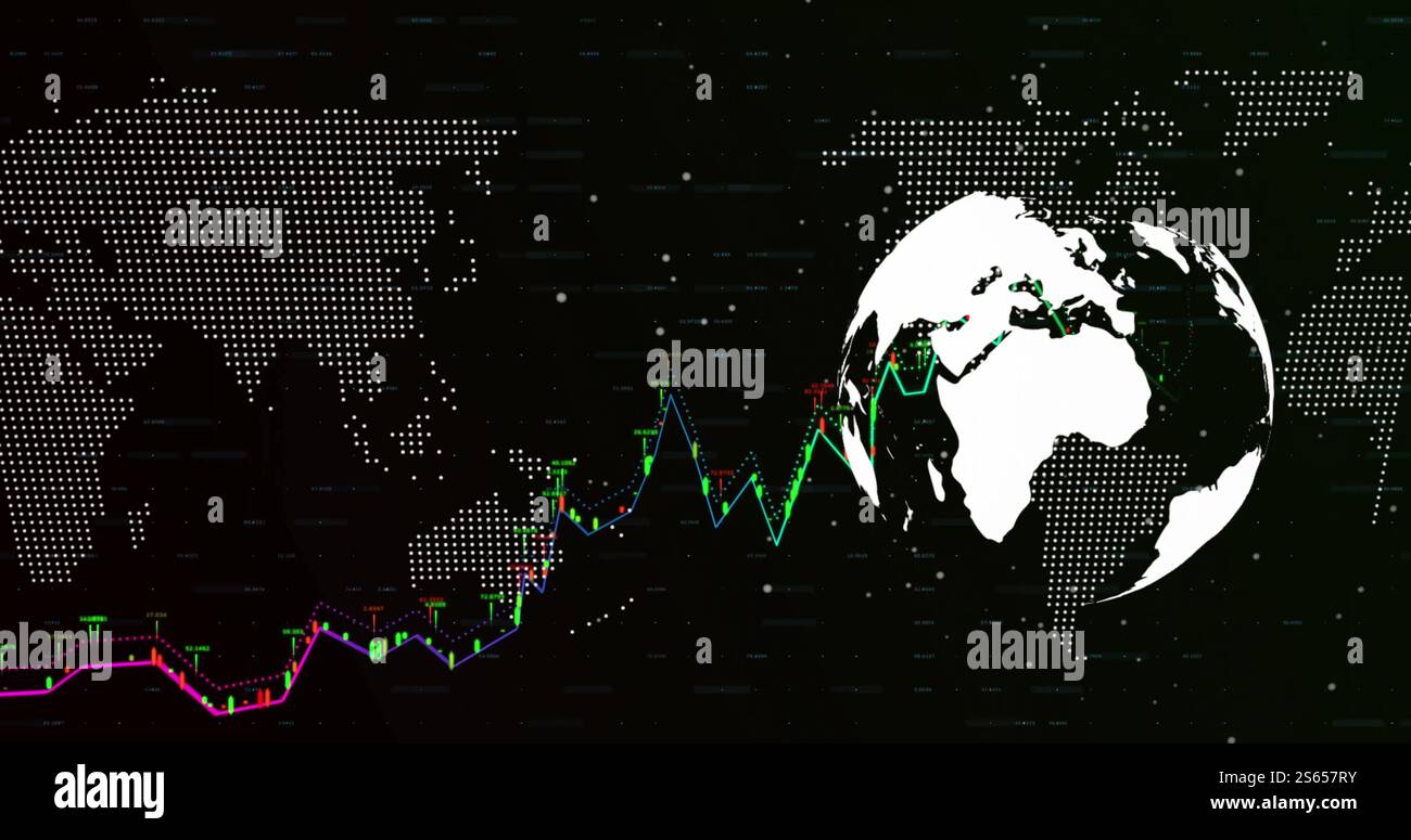 World map with stock market graph image over black background Stock ...
