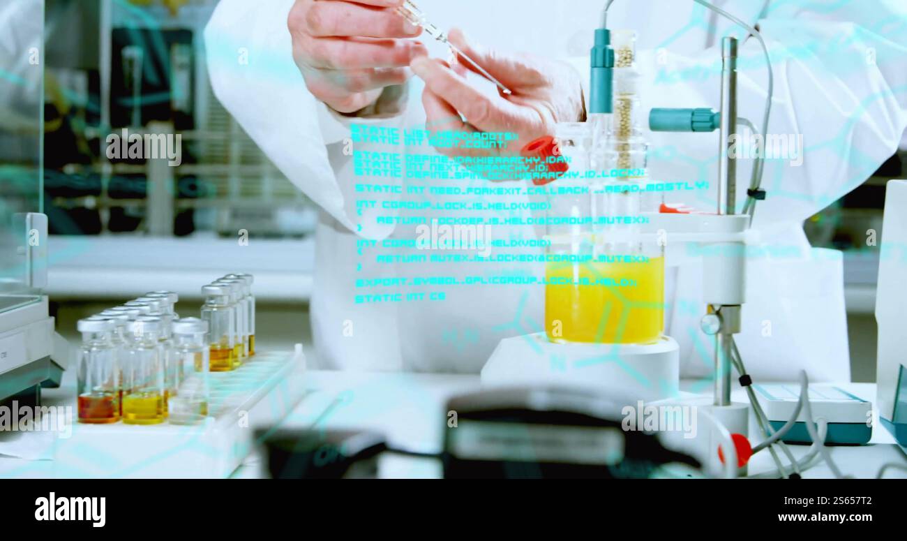 Image of data processing and chemical formula over caucasian male ...