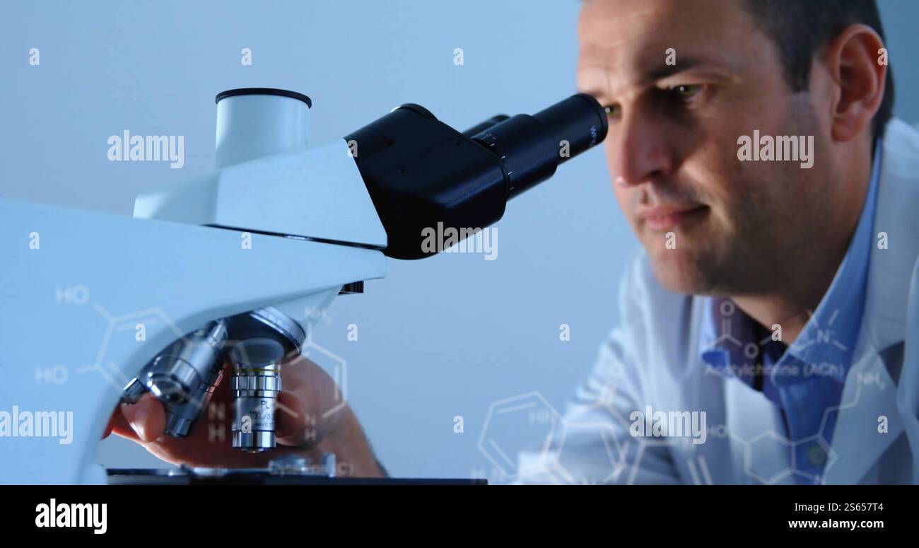 Image of data processing and chemical formula over caucasian male ...
