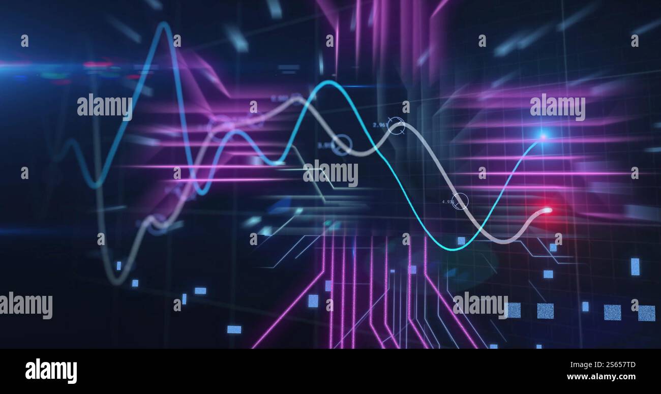 Colorful graphs and data lines image over dark background with grid ...