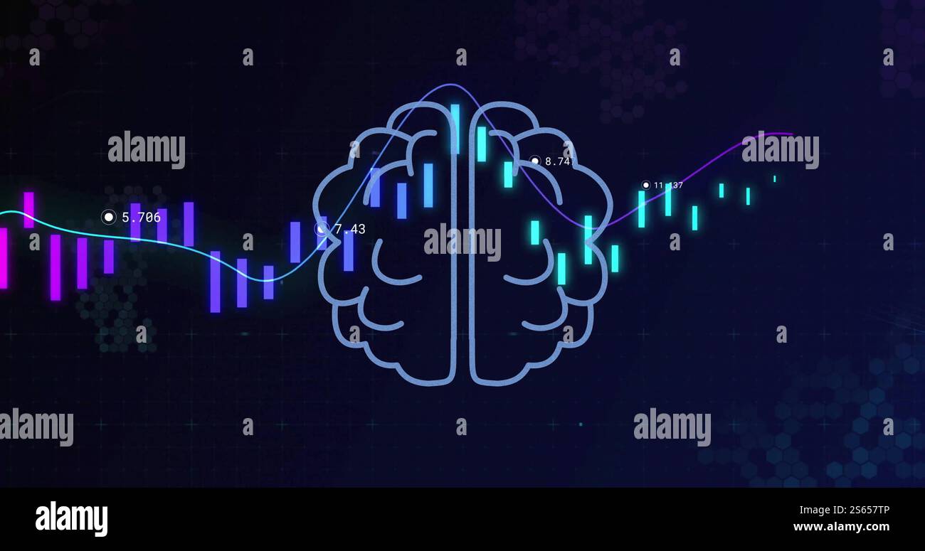 Brain outline with financial data processing image over stock market ...