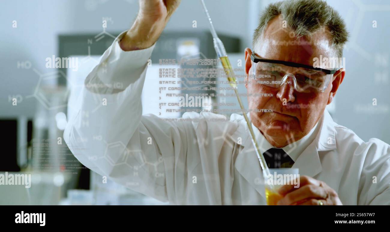 Image of data processing and chemical formula over caucasian male ...