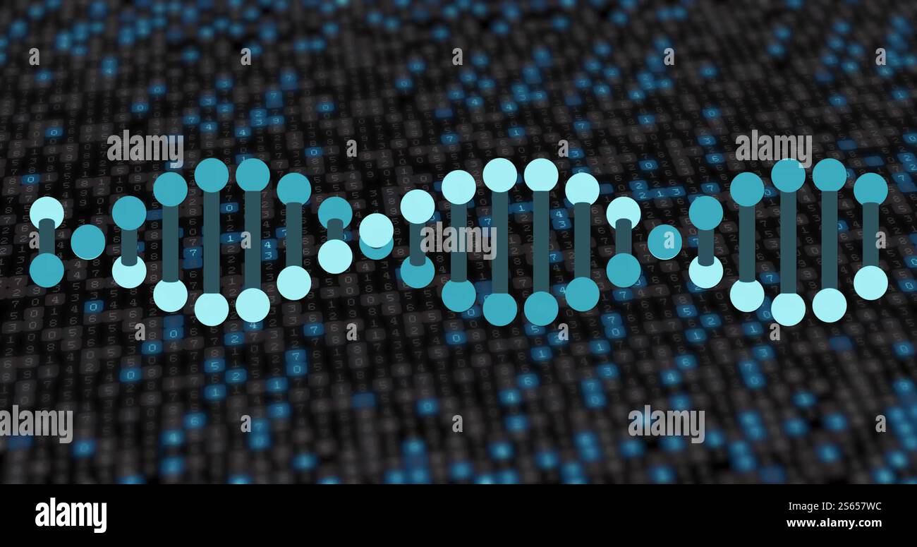 Image of rotating blue dna strand over blue twinkling lights on dark ...