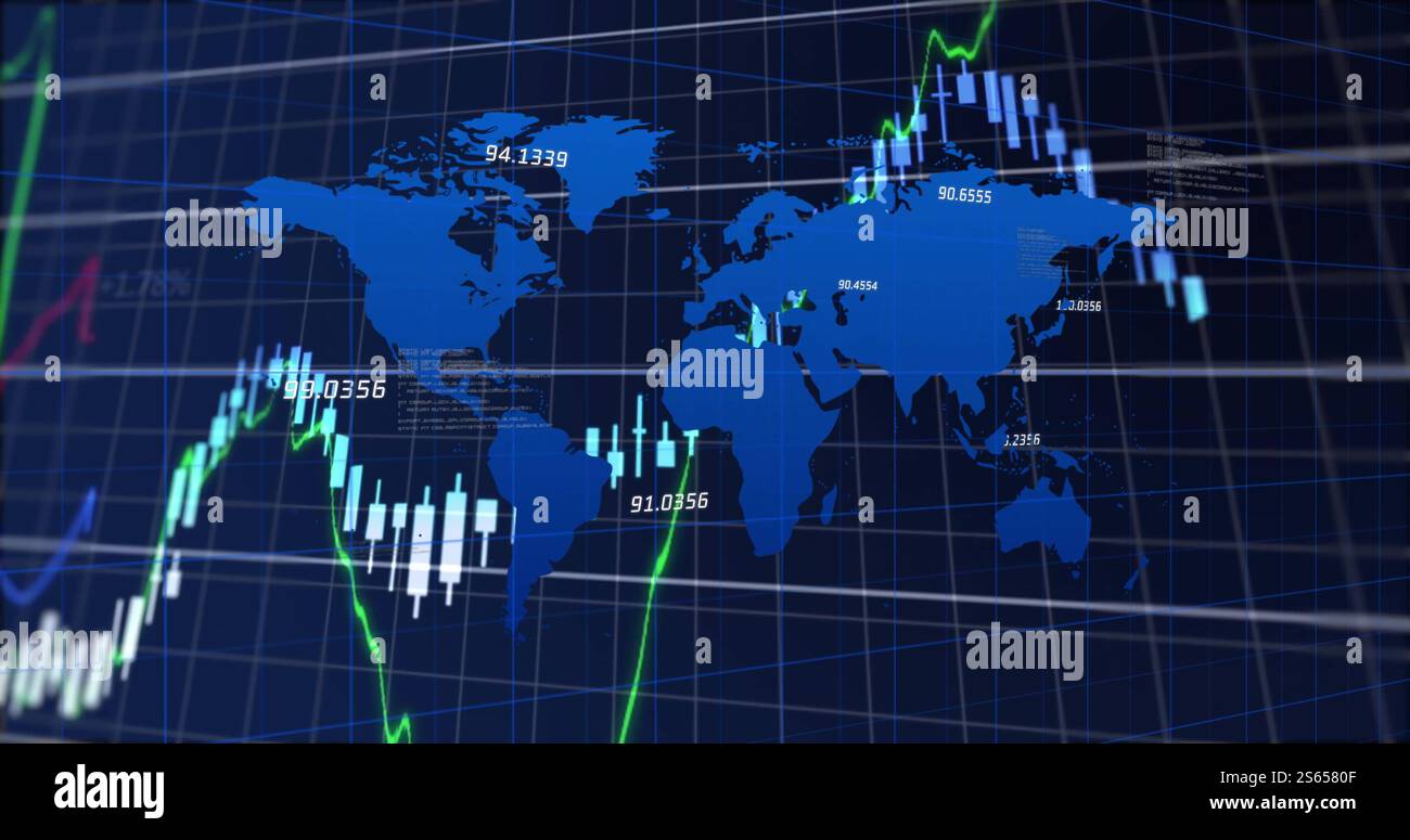 Financial data and stock market trends image over world map Stock Photo ...