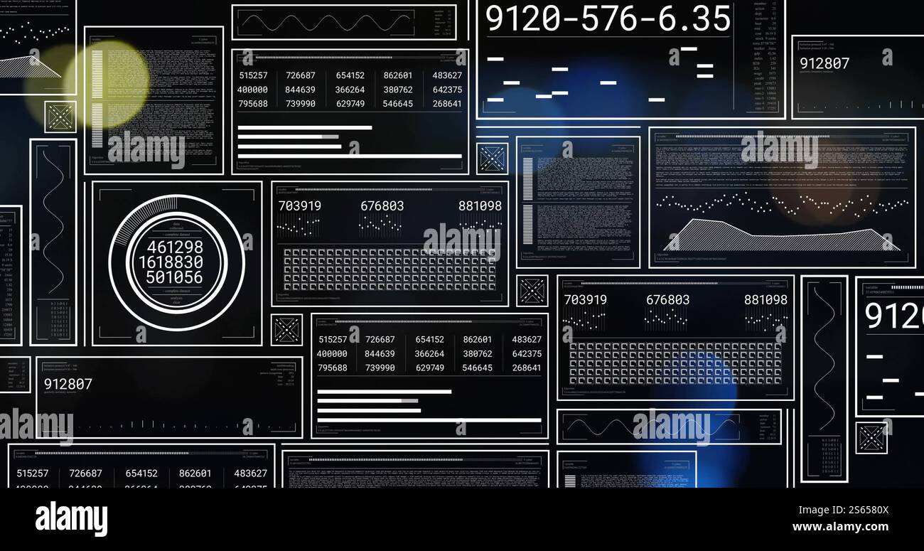 Data processing and analysis image over various digital interface screens Stock Photo - Alamy