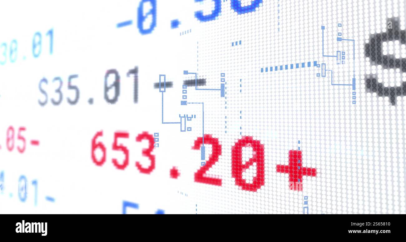 Stock market numbers and data processing image over digital grid ...