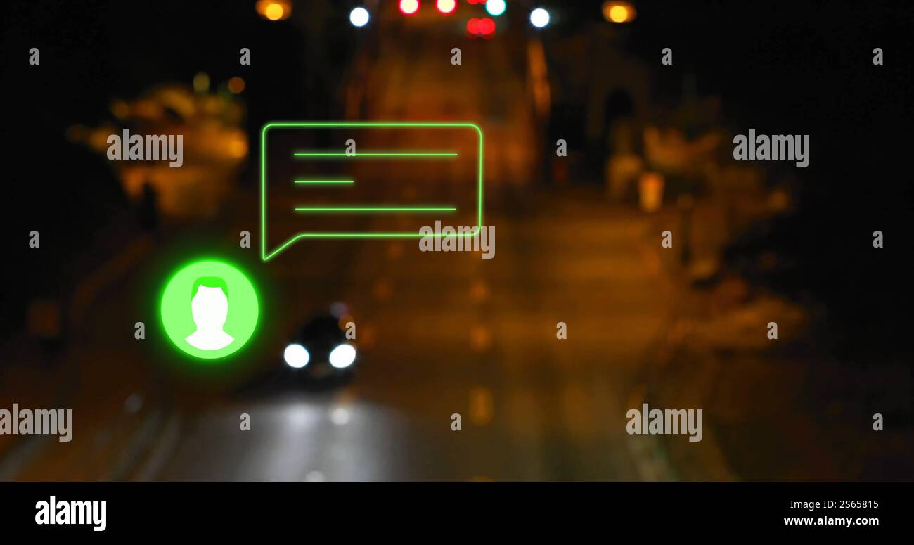 Chat message notification image over blurred city street at night Stock ...