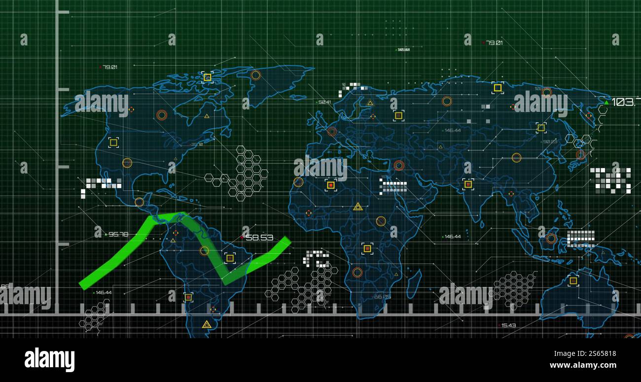 Green line graph image over world map with data points and grid Stock ...