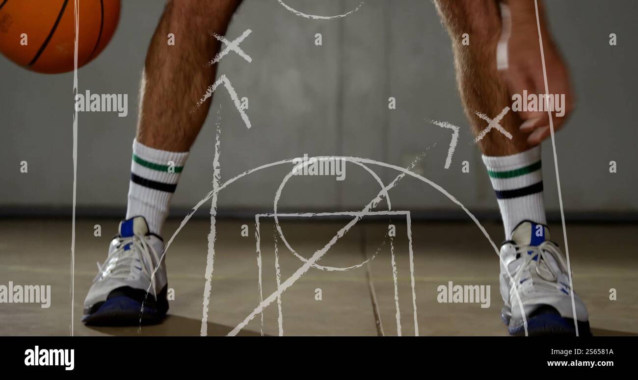 Basketball strategy image over player dribbling ball on court Stock ...