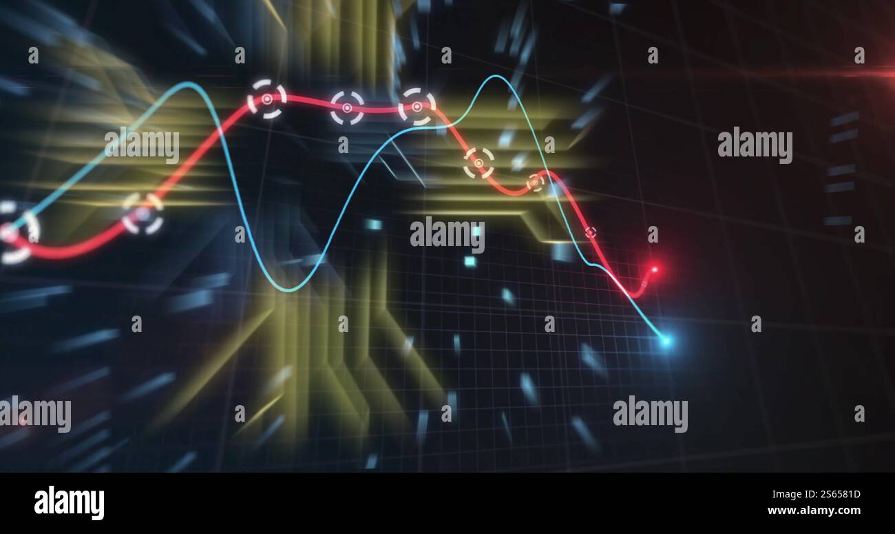 Colorful data graphs and circuit lines image over dark background with ...