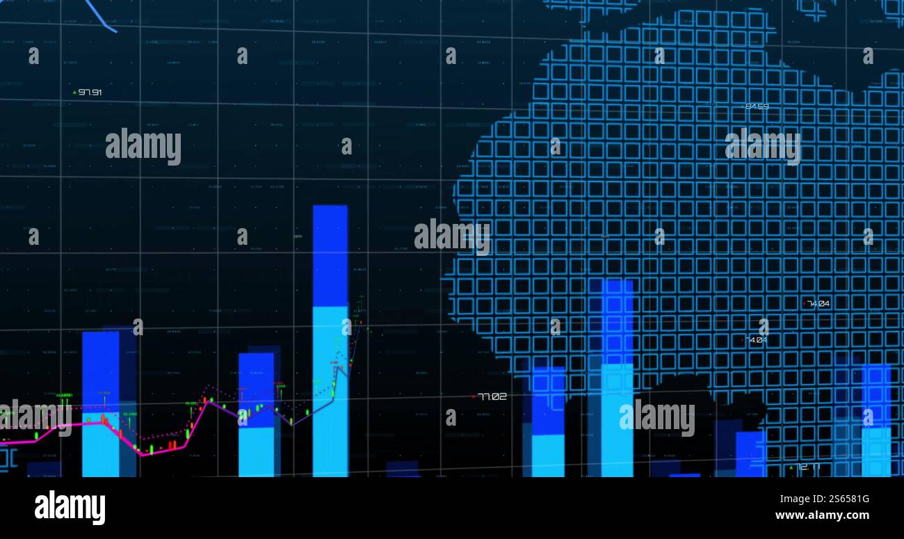 Financial data and stock market trends image over world map Stock Photo ...