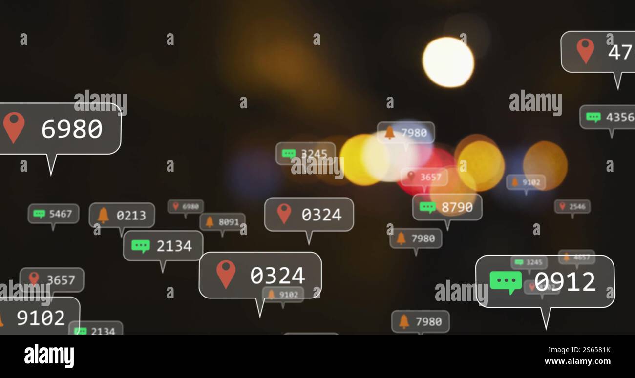 Social media notifications and location pins image over blurred city ...
