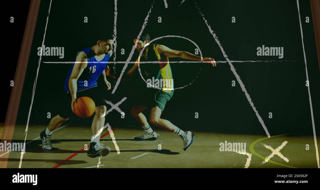 Basketball players in action with strategy diagram image over scene ...