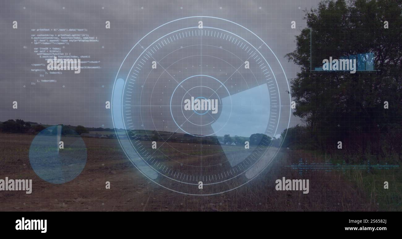 Radar scanning image over rural landscape with trees and cloudy sky ...