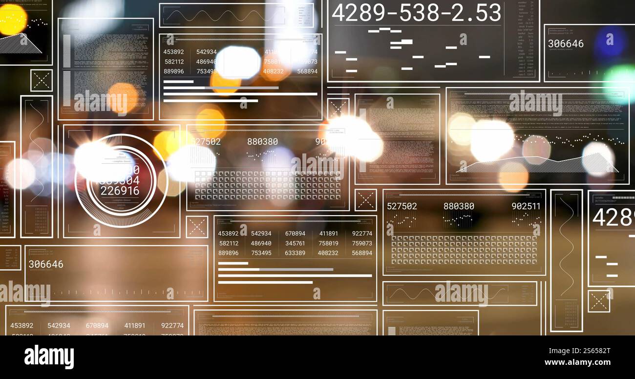 Data processing and analysis image over blurred city lights background ...