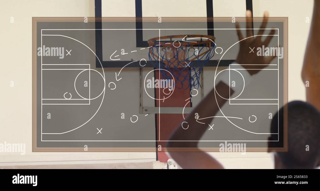 Basketball court strategy image over player shooting towards hoop Stock ...