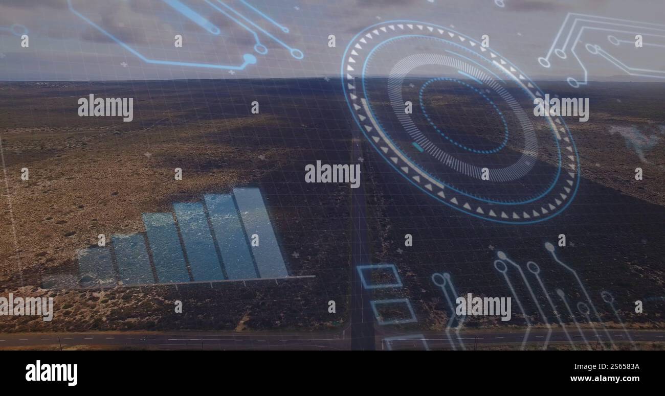 Digital interface elements and data processing image over aerial view ...