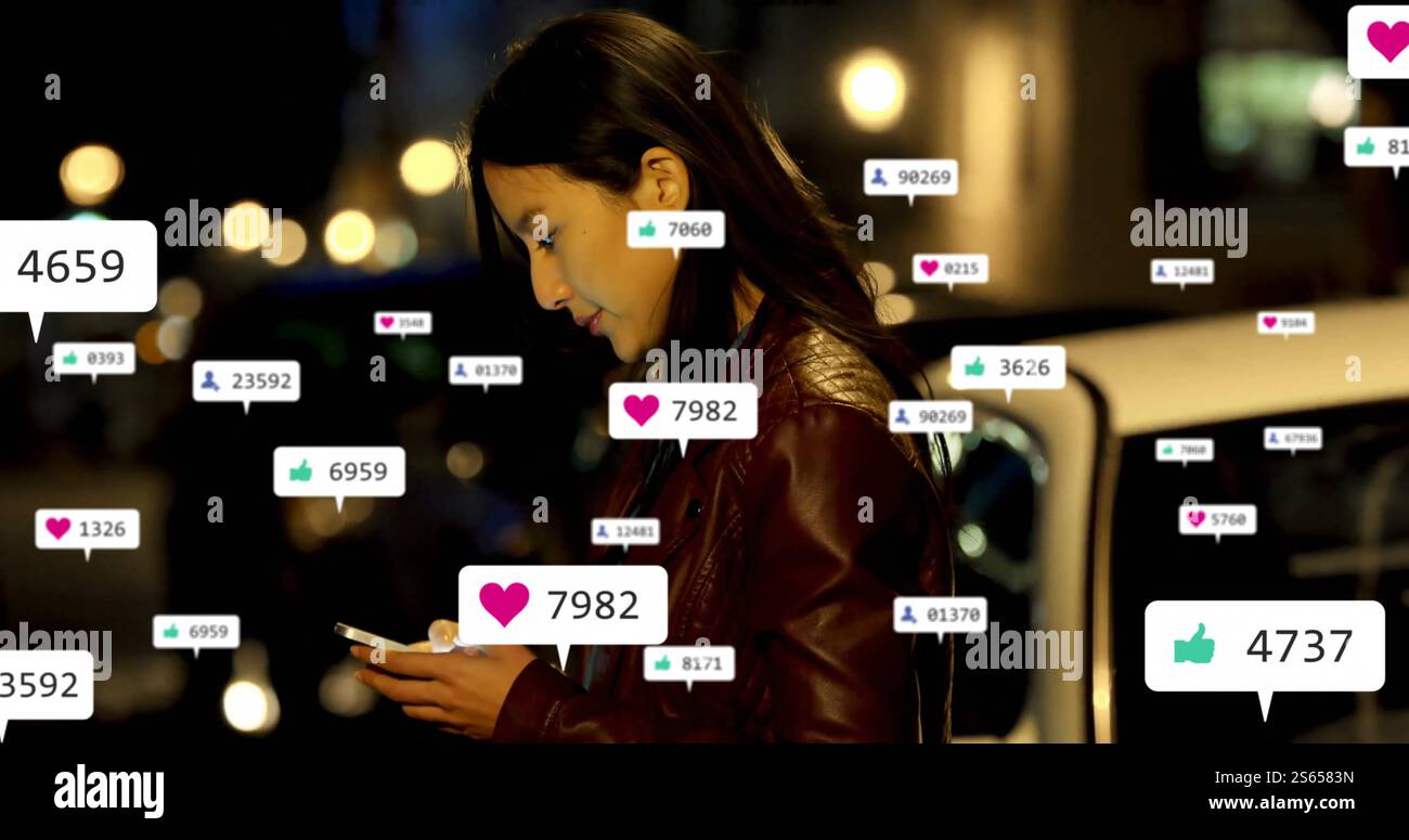 Checking smartphone, woman surrounded by social media likes and follower count image Stock Photo ...