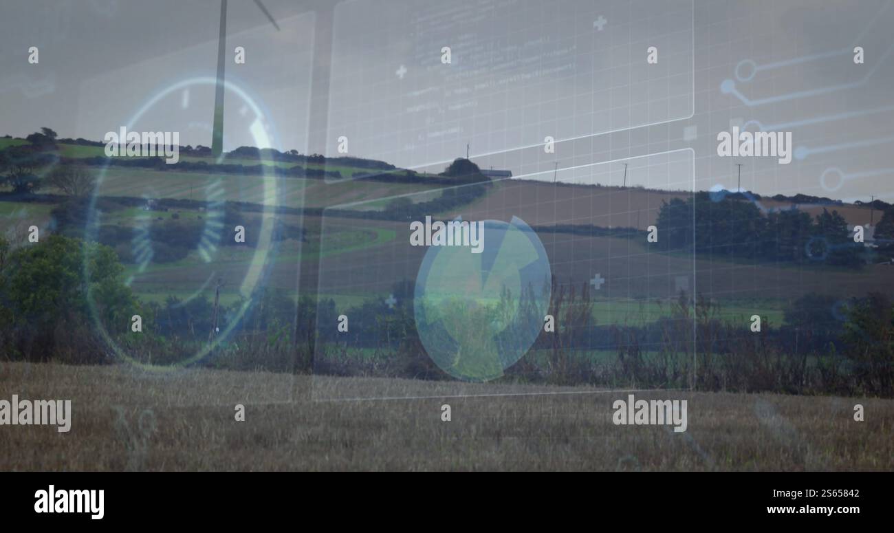 Wind turbine and landscape with renewable energy image over digital ...