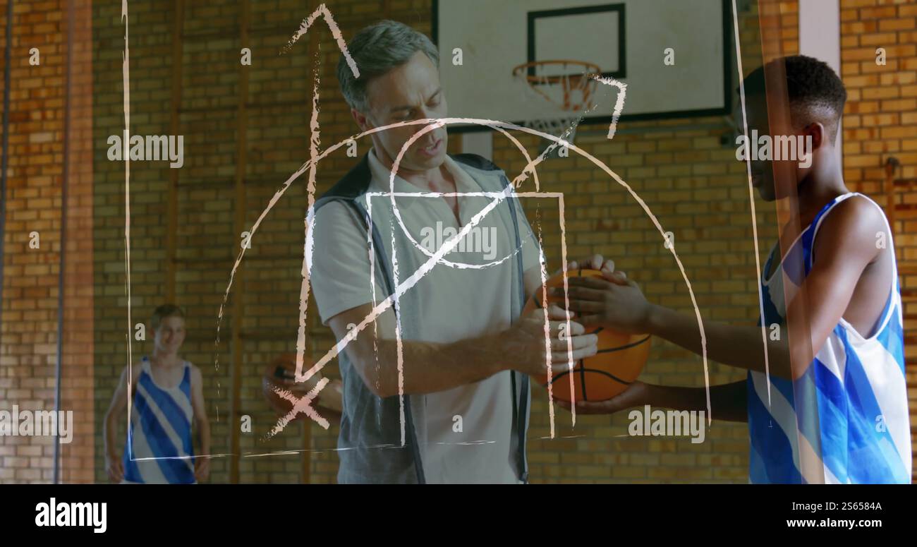 Basketball coach training young players, strategy diagram image over ...