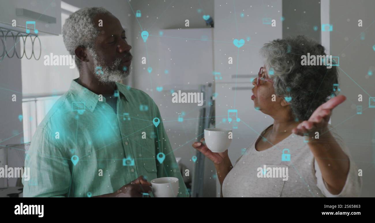 Image of network of connections with icons over senior african american ...