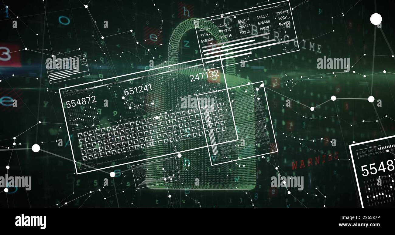 Image of digital data processing and padlock on dark background Stock ...