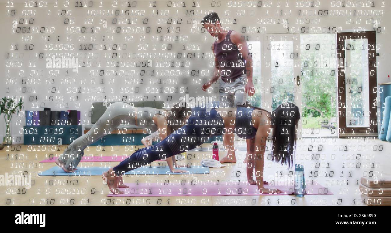 Image of processing data over diverse male instructor and female yoga class Stock Photo - Alamy