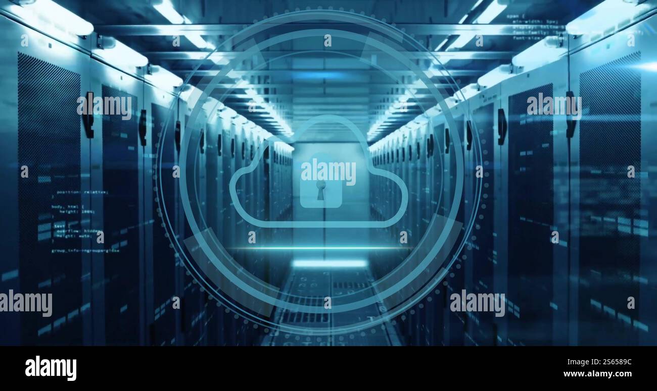 Image of data processing and scope scanning with security symbols over server room Stock Photo ...
