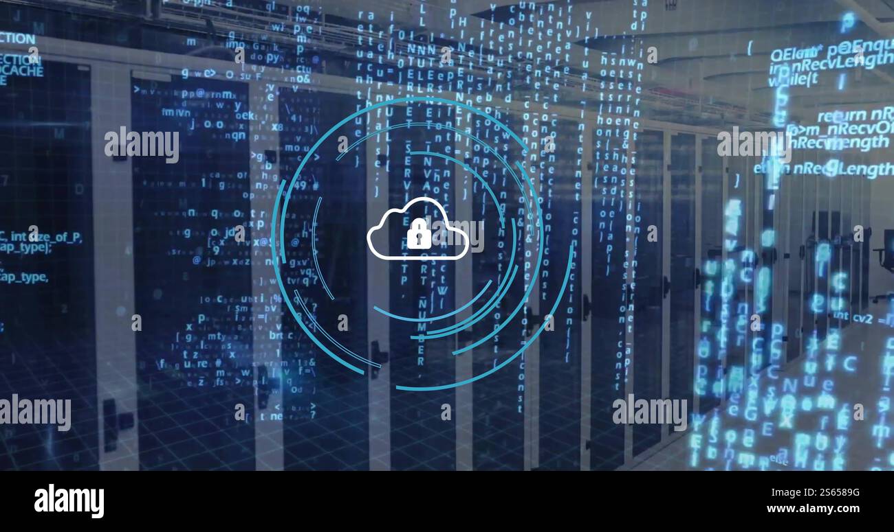 Image of data processing and scope scanning with security symbols over server room Stock Photo ...