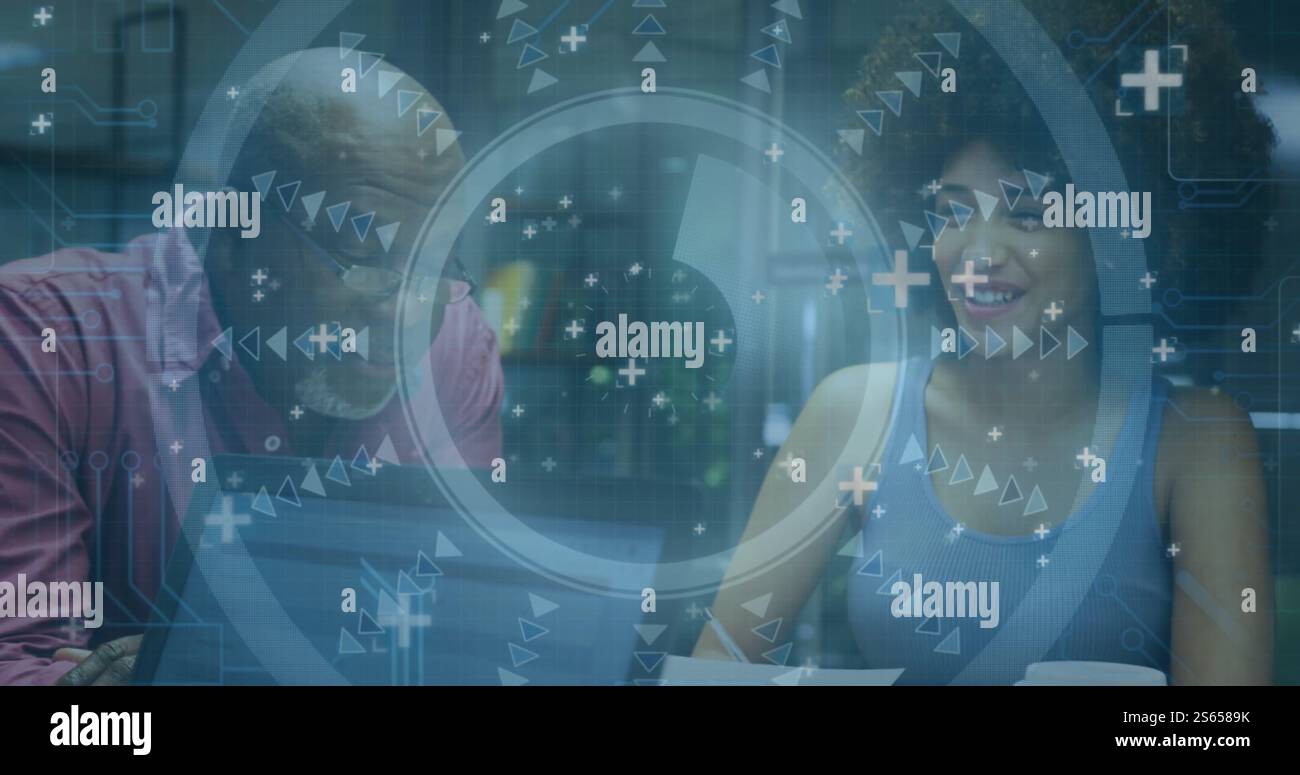 Image of scope scanning over diverse business people discussing work ...