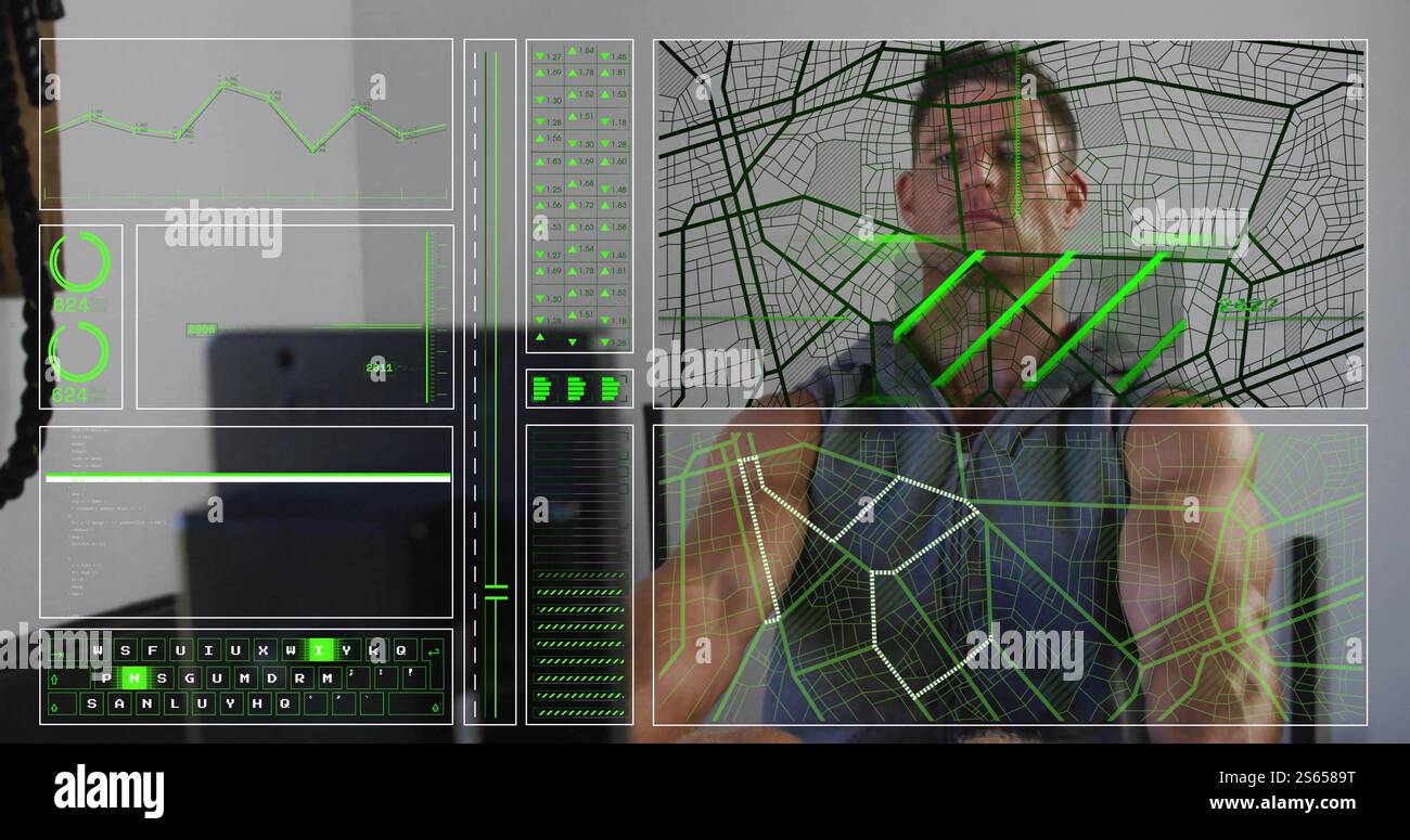 Image of scanner, map and processing data over caucasian man using ...