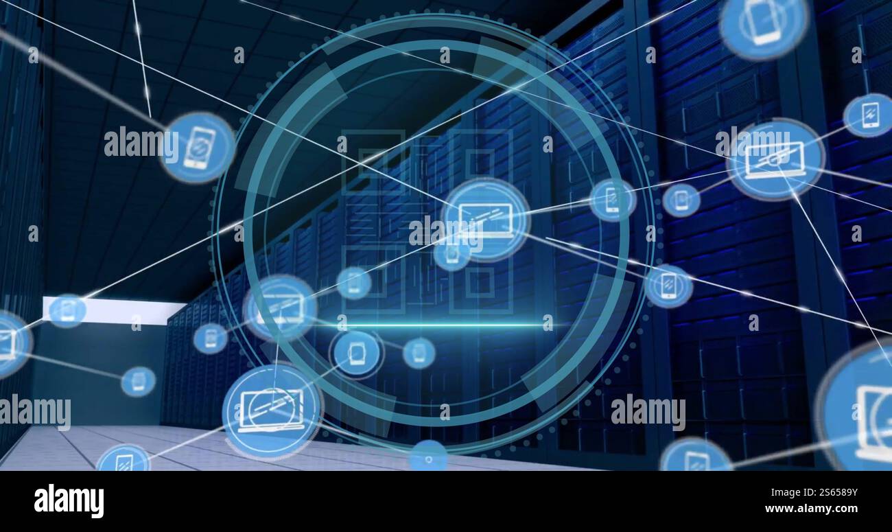 Image of media icons and scope scanning with qr code over server room ...