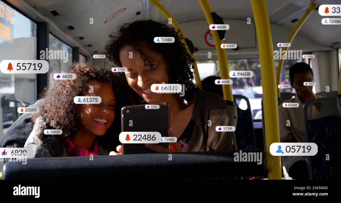 Image of social media notifications over biracial mother and daughter ...