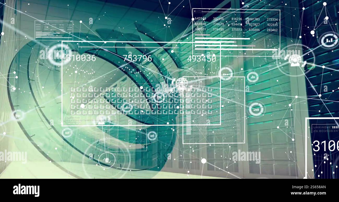 Image of data processing and media icons over server room Stock Photo ...