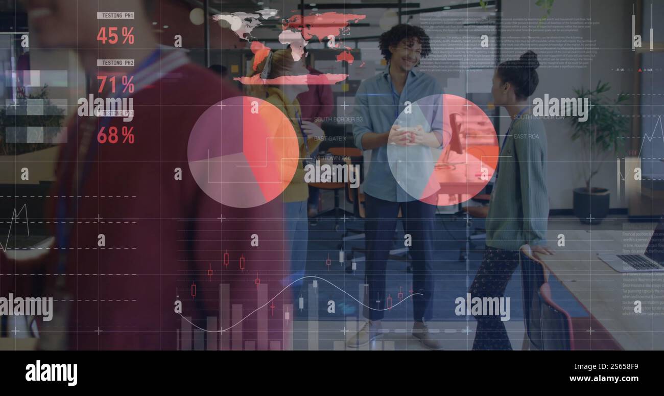 Image of data processing and diagrams over diverse colleagues ...