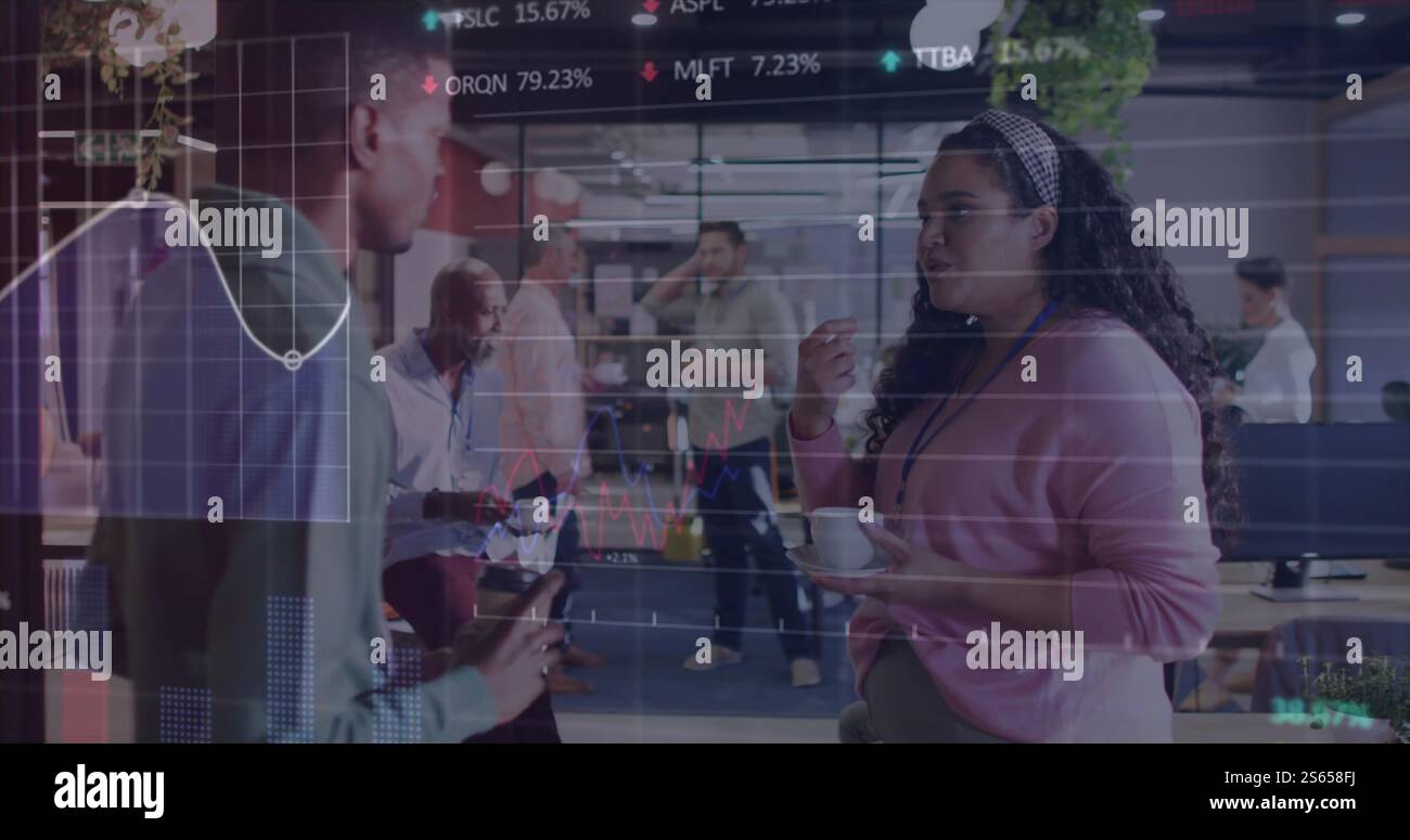 Image of data processing and diagrams over diverse colleagues ...