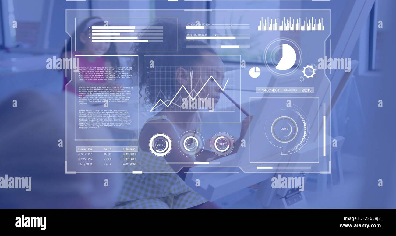 Image of interfaces with charts processing data over diverse ...