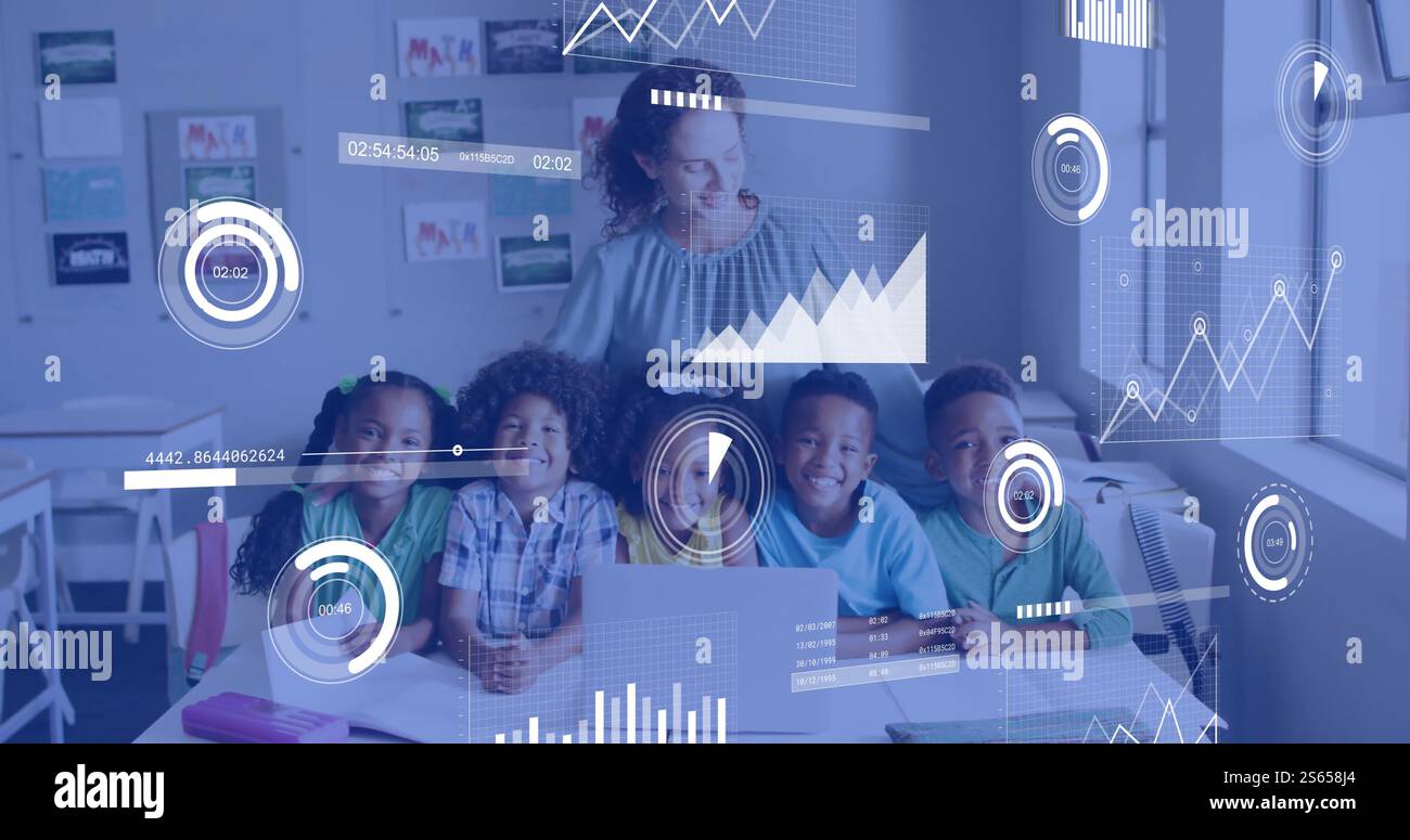 Image of charts processing data over diverse female teacher and ...